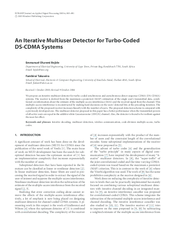 Pdf An Iterative Multiuser Detector For Turbo Coded Ds Cdma Systems