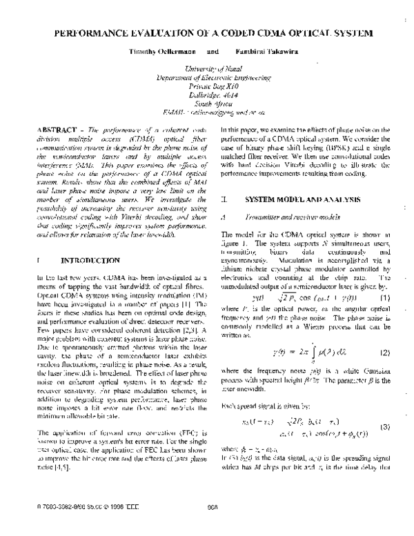 (PDF) Performance evaluation of a coded CDMA optical system