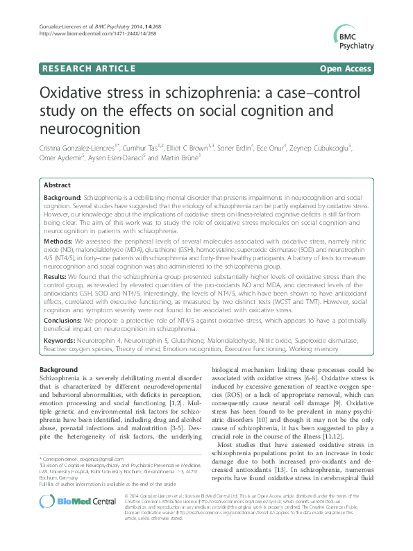(PDF) Oxidative stress in schizophrenia: a case–control study on the effects on social cognition ...