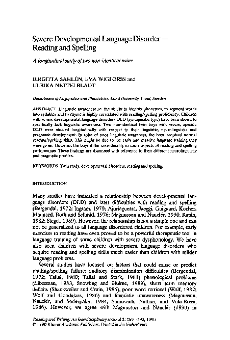 (PDF) Severe developmental language disorder ? Reading and spelling