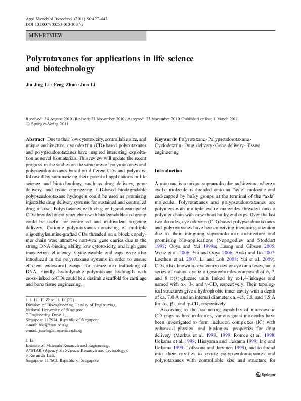 (PDF) Polyrotaxanes for applications in life science and biotechnology