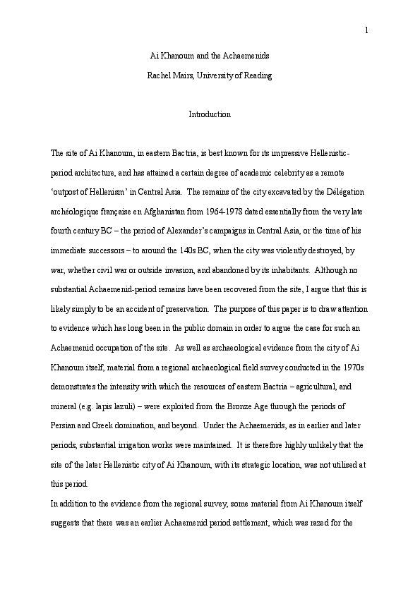 (PDF) Mairs, Rachel (2014) "Achaemenid Ai Khanoum," Archäologische ...
