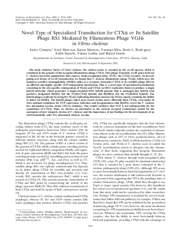 (PDF) Novel type of specialized transduction for CTXφ or its satellite ...