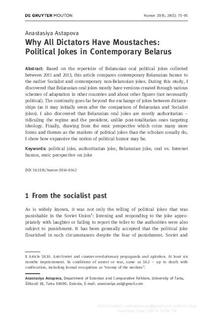 (PDF) Why All Dictators Have Moustaches: Political Jokes in ...