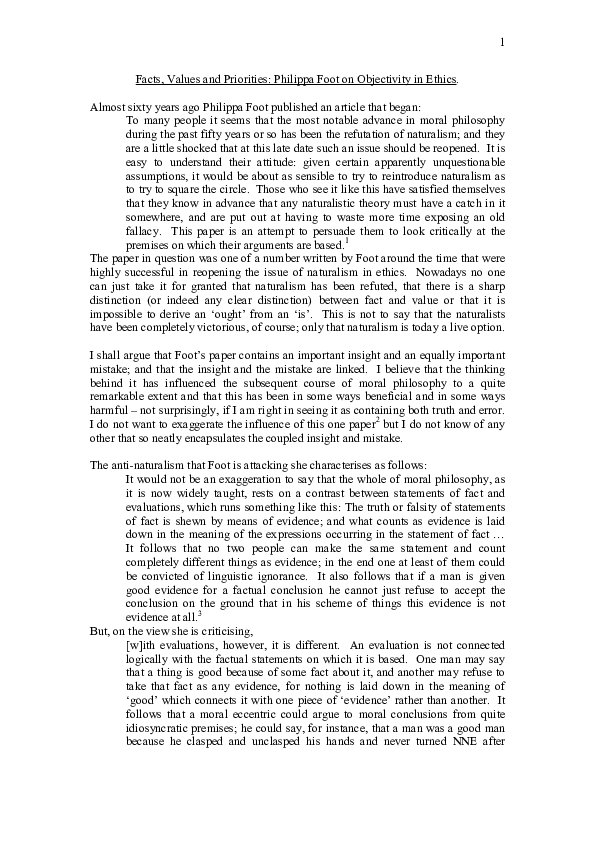 (PDF) Facts, Values and Priorities: Philippa Foot on Objectivity in Ethics.
