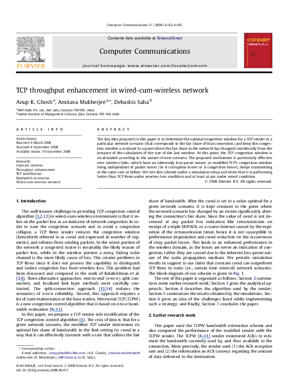 Pdf Tcp Throughput Enhancement In Wired Cum Wireless Network 