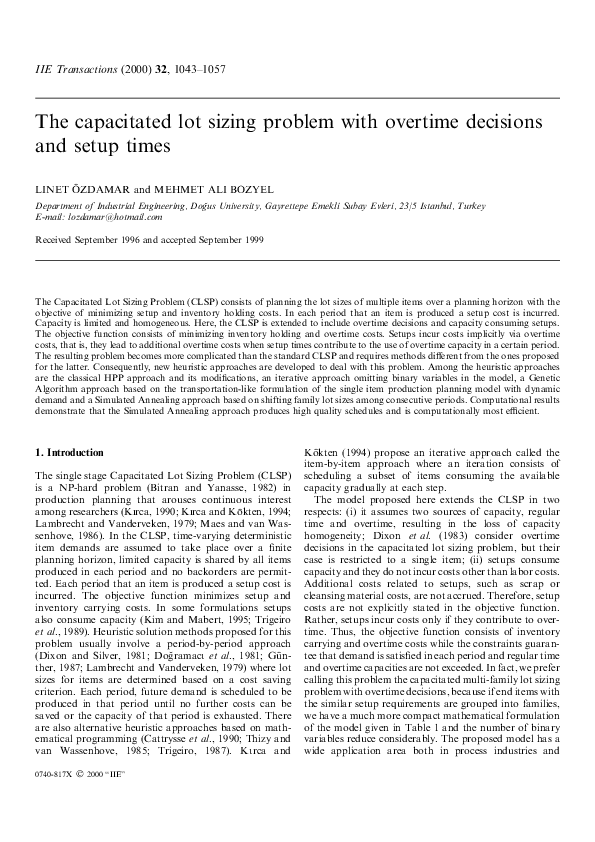 Pdf The Capacitated Lot Sizing Problem With Overtime Decisions And Setup Times