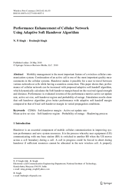 Pdf Performance Enhancement Of Cellular Network Using Adaptive Soft Handover Algorithm