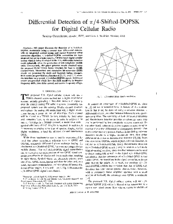 Pdf Differential Detection Of Pi 4 Shifted Dqpsk For Digital