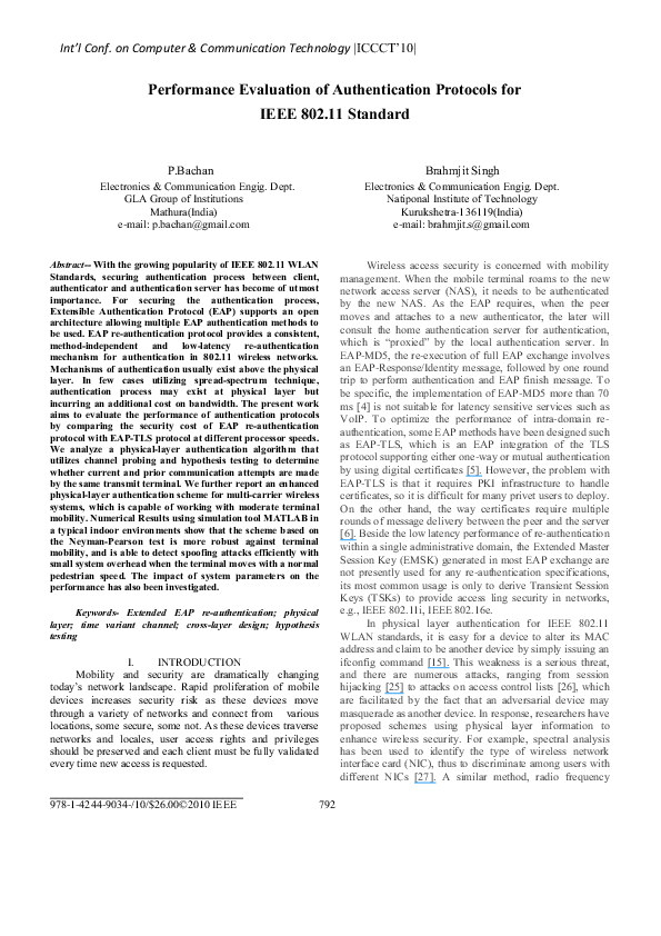 (PDF) Performance evaluation of authentication protocols for IEEE 802.11 standard