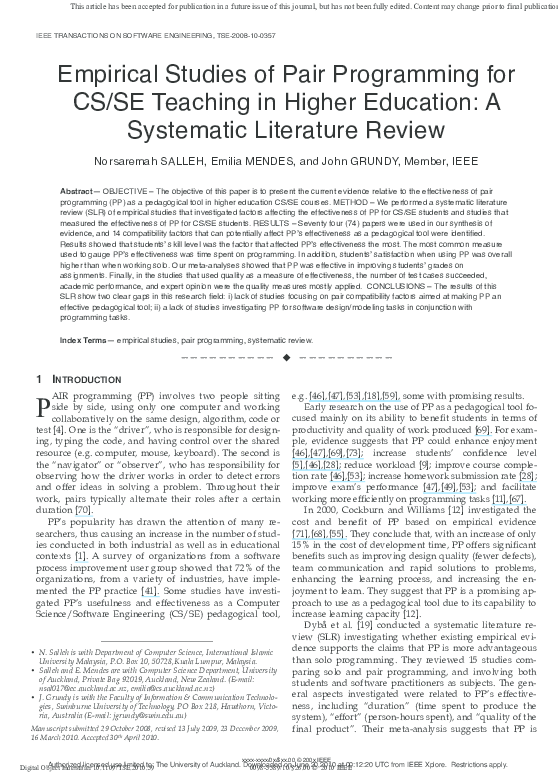 (PDF) Empirical Studies of Pair Programming for CS/SE Teaching in ...