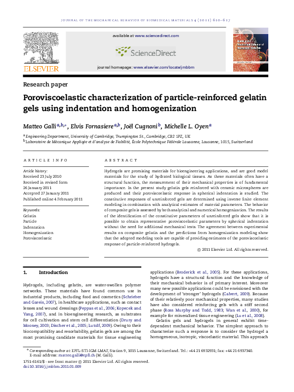 (PDF) Poroviscoelastic characterization of particle-reinforced gelatin gels using indentation ...
