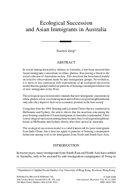 (PDF) Ecological Succession and Asian Immigrants in Australia