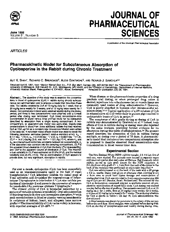 (PDF) Pharmacokinetic model for subcutaneous absorption of cyclosporine ...