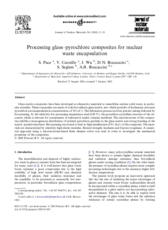 (PDF) Processing glass–pyrochlore composites for nuclear waste ...