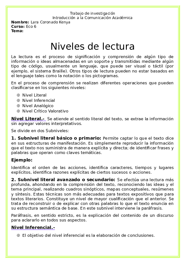 (DOC) Niveles de lectura