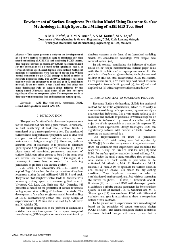 (PDF) Development of surface roughness prediction model using response surface methodology in ...