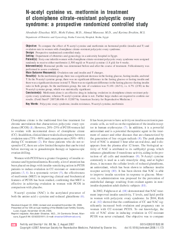 (PDF) N-acetyl cysteine vs. metformin in treatment of clomiphene citrate–resistant polycystic ...
