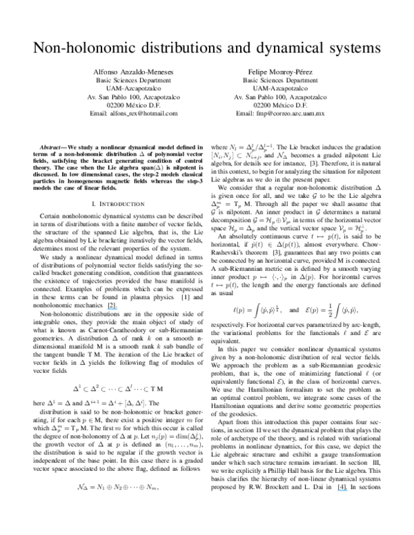 (PDF) Non-holonomic distributions and dynamical systems