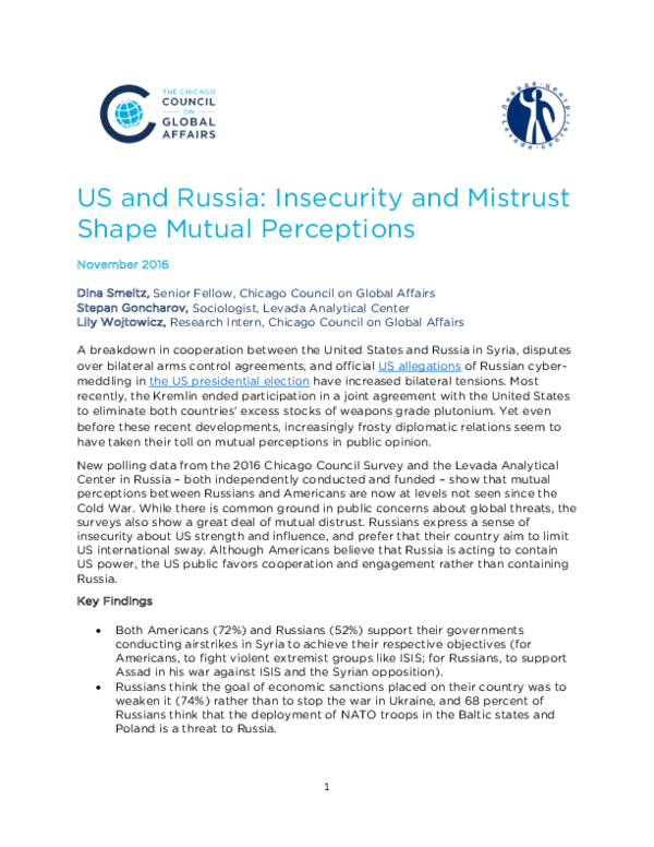 (PDF) US and Russia: Insecurity and Mistrust Shape Mutual Perceptions