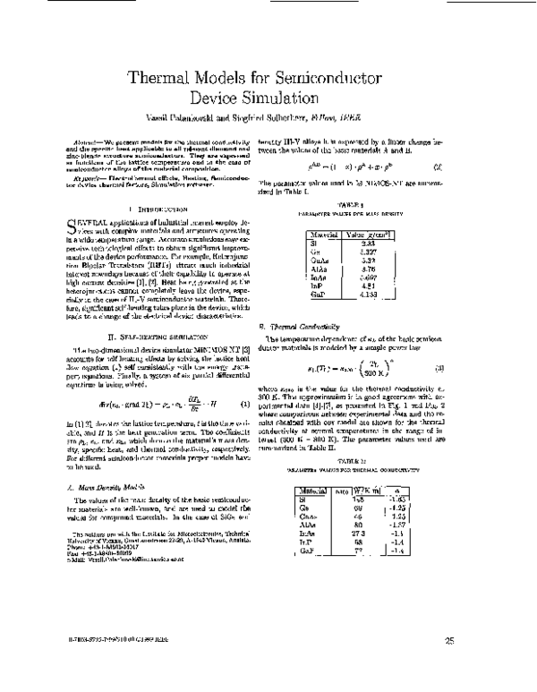 (PDF) Thermal models for semiconductor device simulation