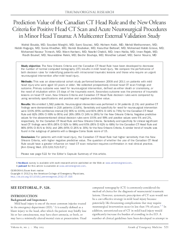 (PDF) Prediction Value of the Canadian CT Head Rule and the New Orleans ...