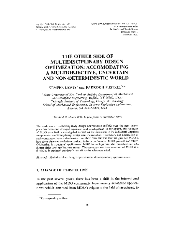 (PDF) The Other Side of Multidisciplinary Design Optimization: Accomodating a Multiobjective ...
