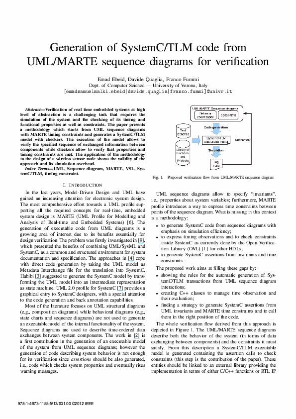 Pdf Generation Of Systemc Tlm Code From Uml Marte Sequence Diagrams For Verification Emad
