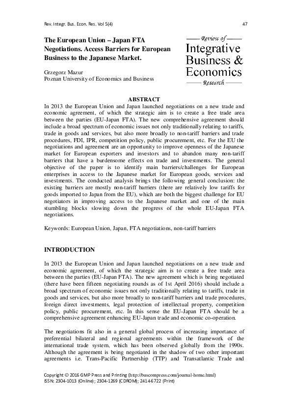 (PDF) The EU Japan FTA Negotiations. Access Barriers for European Business to the Japanese Market