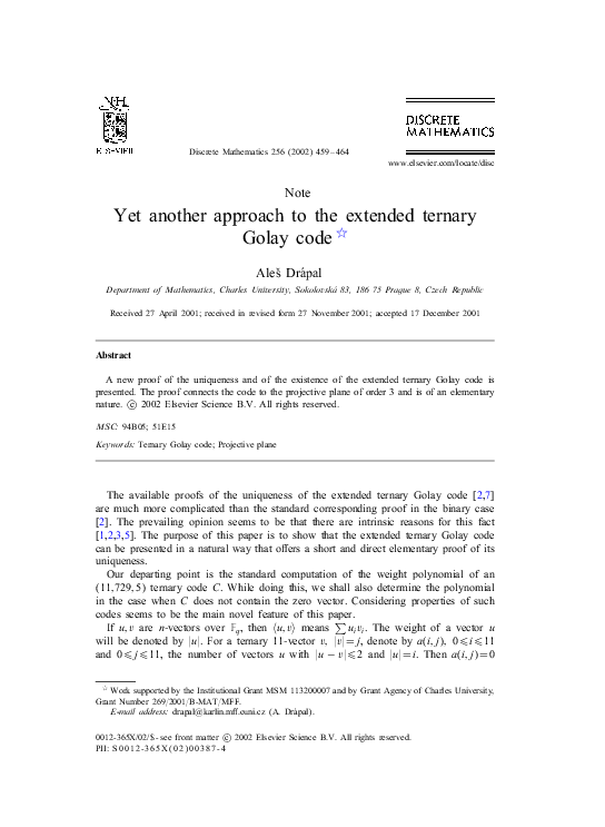 Pdf Yet Another Approach To The Extended Ternary Golay Code