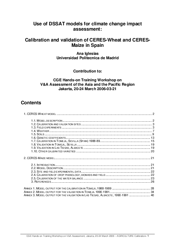 (PDF) Use of DSSAT models for climate change impact assessment: Calibration and validation of ...