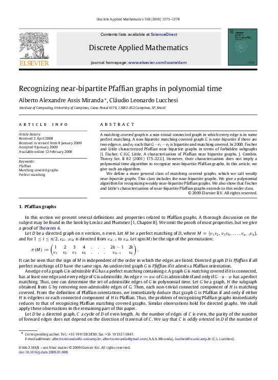 (PDF) Recognizing near-bipartite Pfaffian graphs in polynomial time