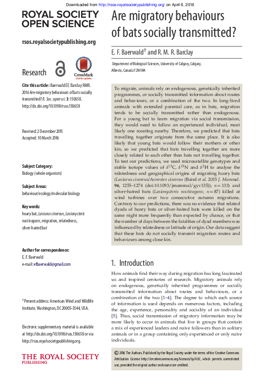 (PDF) Are migratory behaviours of bats socially transmitted