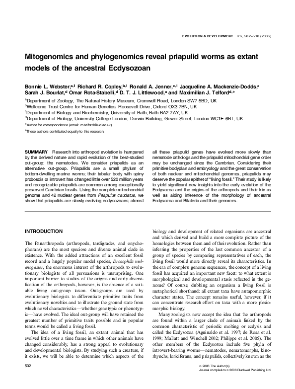 (PDF) Mitogenomics and phylogenomics reveal priapulid worms as extant models of the ancestral ...