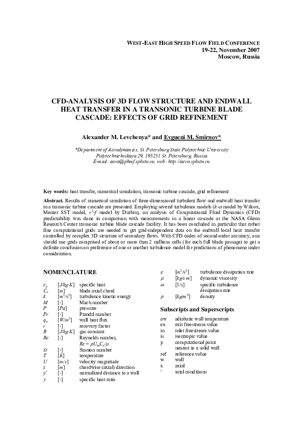 (PDF) CFD-Analysis of 3D Flow Structure and Endwall Heat Transfer in a Transonic Turbine Blade ...