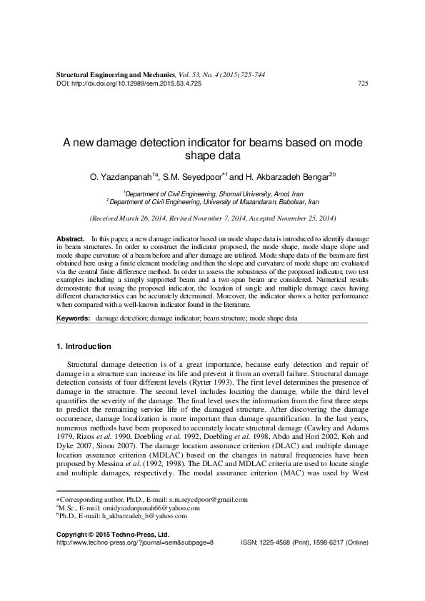 (PDF) A new damage detection indicator for beams based on mode shape data