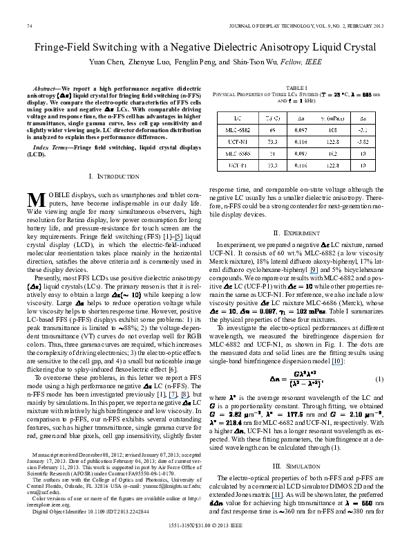 (PDF) Fringe-Field Switching with a Negative Dielectric Anisotropy Liquid Crystal