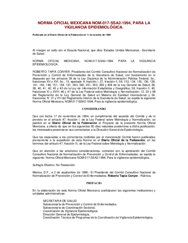 (PDF) NORMA OFICIAL MEXICANA NOM-017-SSA2-1994, PARA LA VIGILANCIA ...