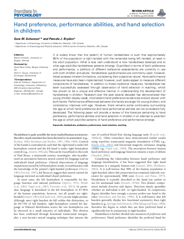 (PDF) Hand preference, performance abilities, and hand selection in ...