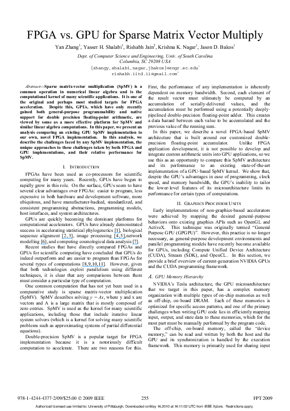 (PDF) FPGA vs. GPU for sparse matrix vector multiply (PDF) FPGA vs. GPU for sparse matrix vector multiply