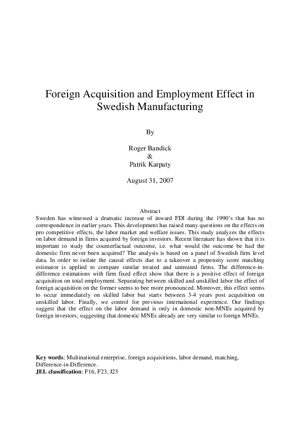 (PDF) Foreign Acquisition and Employment Effect in Swedish Manufacturing