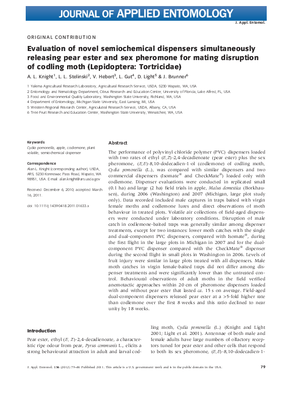 (PDF) Evaluation of novel semiochemical dispensers simultaneously releasing pear ester and sex ...