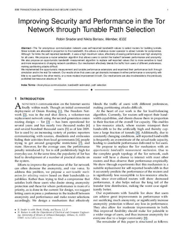 (PDF) Improving Security and Performance in the Tor Network through Tunable Path Selection