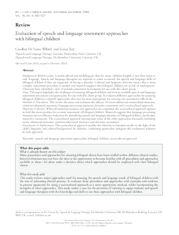(PDF) Evaluation of speech and language assessment approaches with ...