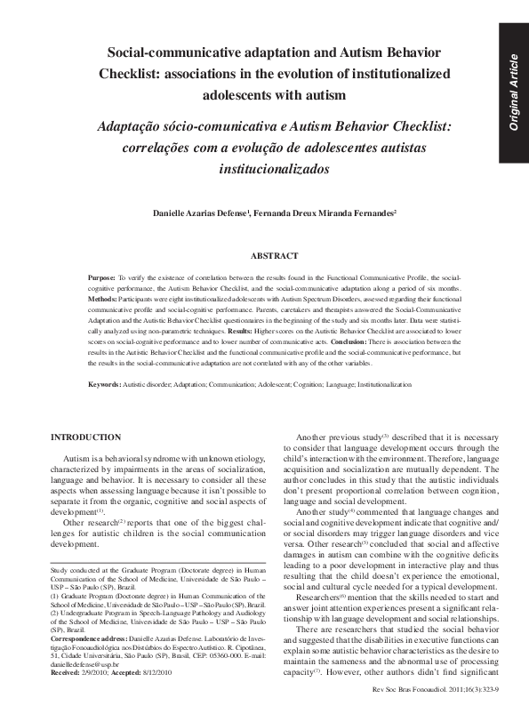 (PDF) Social-communicative adaptation and Autism Behavior Checklist ...