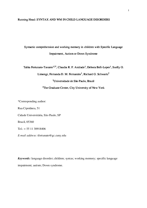(PDF) Syntactic comprehension and working memory in children with specific language impairment ...