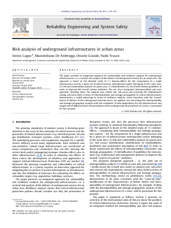 (PDF) Risk analysis of underground infrastructures in urban areas