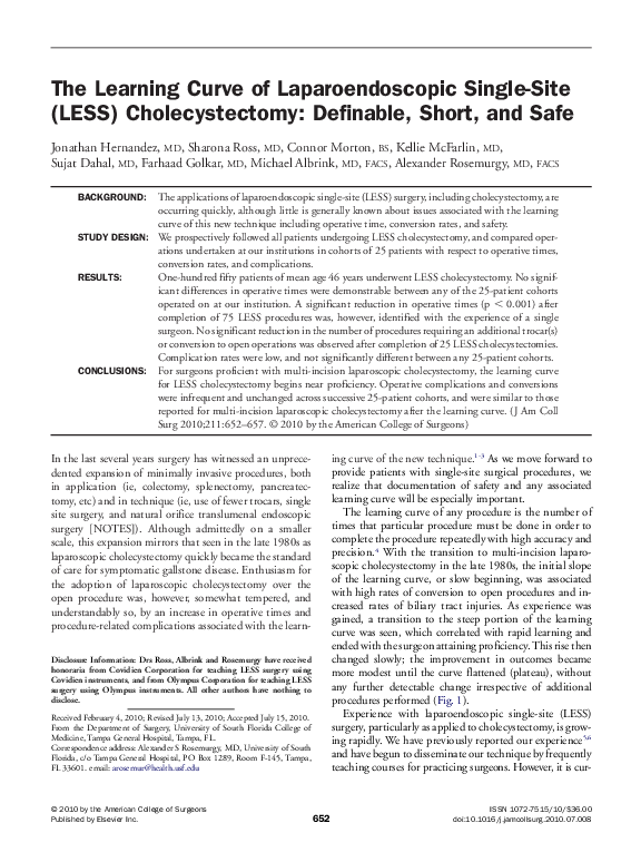 (PDF) The learning curve of laparoendoscopic single-site (LESS) cholecystectomy: definable ...