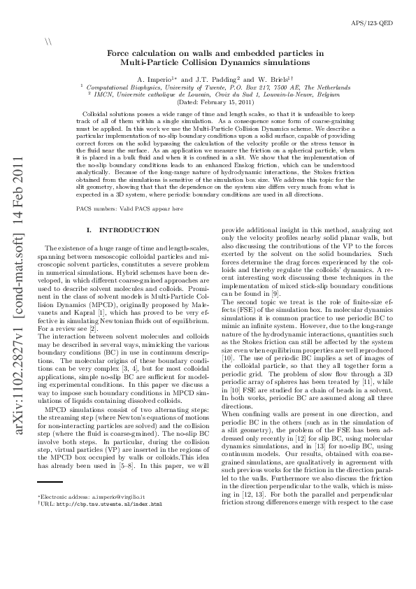 Pdf Force Calculation On Walls And Embedded Particles In Multiparticle Collision Dynamics