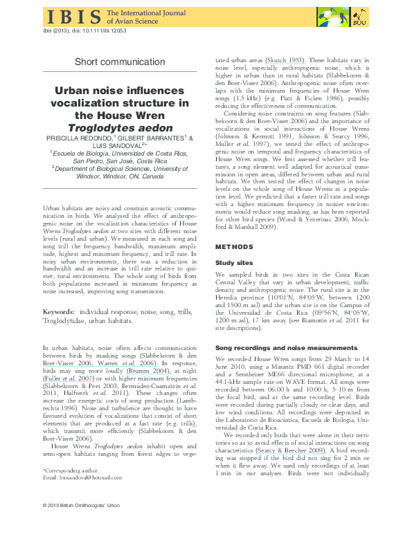 (PDF) Urban noise influences vocalization structure in the House Wren ...